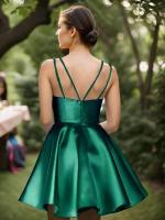 China Satin Spaghetti Strap A-line Backless Short Graduation Dress Dark Green for sale