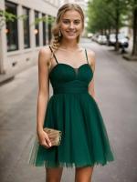 China Sexy Spaghetti Strap A-line Short Mini Dark Green Tulle Cocktail Dress for sale