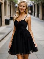 China Fashionable Sexy Spaghetti Strap A-line Short Mini Black Tulle Cocktail Dress for sale