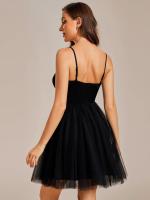 China Fashionable Sexy Spaghetti Strap A-line Short Mini Black Tulle Cocktail Dress for sale