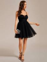 China Fashionable Sexy Spaghetti Strap A-line Short Mini Black Tulle Cocktail Dress for sale