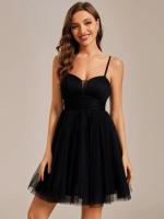 China Fashionable Sexy Spaghetti Strap A-line Short Mini Black Tulle Cocktail Dress for sale