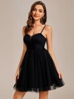 China Fashionable Sexy Spaghetti Strap A-line Short Mini Black Tulle Cocktail Dress for sale