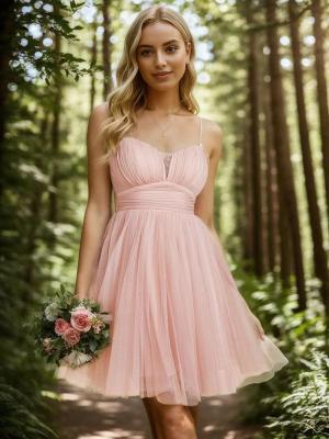 China Unique Spaghetti Strap A-line Short Mini Pink Chiffon Graduation Dress for sale