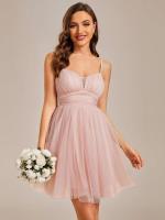 China Unique Spaghetti Strap A-line Short Mini Pink Chiffon Graduation Dress for sale