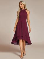 China A Line Sleeveless Halter Neck Wedding Guest Dress Burgundy Chiffon Cocktail Dresses for sale