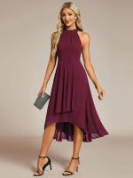 China A Line Sleeveless Halter Neck Wedding Guest Dress Burgundy Chiffon Cocktail Dresses for sale
