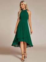 China Sexy A-line Sleeveless Halter Neck Wedding Guest Dress Dark Green Chiffon Graduation Dresses for sale