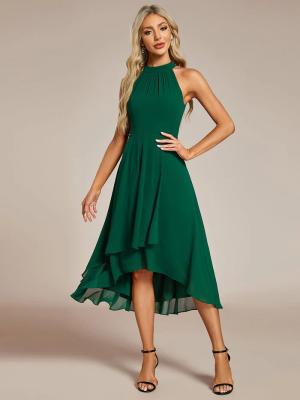 China Sexy A-line Sleeveless Halter Neck Wedding Guest Dress Dark Green Chiffon Graduation Dresses for sale