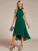 China Sexy A-line Sleeveless Halter Neck Wedding Guest Dress Dark Green Chiffon Graduation Dresses for sale