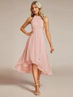 China Tea-length A-line Sleeveless Halter Neck Wedding Guest Dress Pink Chiffon Cocktail Dresses for sale