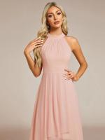China Tea-length A-line Sleeveless Halter Neck Wedding Guest Dress Pink Chiffon Cocktail Dresses for sale