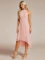 China Tea-length A-line Sleeveless Halter Neck Wedding Guest Dress Pink Chiffon Cocktail Dresses for sale