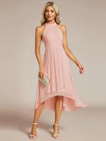China Tea-length A-line Sleeveless Halter Neck Wedding Guest Dress Pink Chiffon Cocktail Dresses for sale