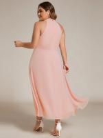China Tea-length A-line Sleeveless Halter Neck Wedding Guest Dress Pink Chiffon Cocktail Dresses for sale