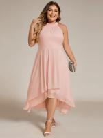 China Tea-length A-line Sleeveless Halter Neck Wedding Guest Dress Pink Chiffon Cocktail Dresses for sale
