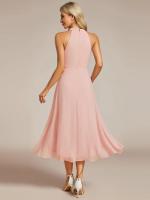 China Tea-length A-line Sleeveless Halter Neck Wedding Guest Dress Pink Chiffon Cocktail Dresses for sale