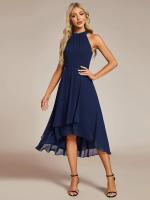 China Popular A-line Sleeveless Halter Neck Wedding Guest Dress Navy Blue Chiffon Cocktail Dresses for sale