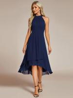 China Popular A-line Sleeveless Halter Neck Wedding Guest Dress Navy Blue Chiffon Cocktail Dresses for sale
