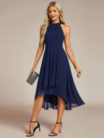 China Popular A-line Sleeveless Halter Neck Wedding Guest Dress Navy Blue Chiffon Cocktail Dresses for sale