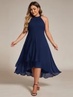 China Popular A-line Sleeveless Halter Neck Wedding Guest Dress Navy Blue Chiffon Cocktail Dresses for sale