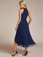 China Popular A-line Sleeveless Halter Neck Wedding Guest Dress Navy Blue Chiffon Cocktail Dresses for sale