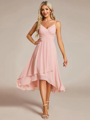 China Elegant V-neck Spaghetti Strap High-low Chiffon Wedding Guest Dress Pink Cocktail Dresses for sale