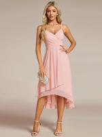 China Elegant V-neck Spaghetti Strap High-low Chiffon Wedding Guest Dress Pink Cocktail Dresses for sale