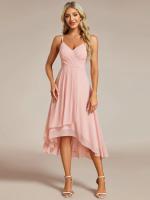 China Elegant V-neck Spaghetti Strap High-low Chiffon Wedding Guest Dress Pink Cocktail Dresses for sale