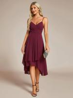 China Sexy Elegant V-neck Spaghetti Strap High-low Chiffon Wedding Guest Dress Burgundy Cocktail Dresses for sale