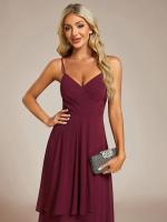 China Sexy Elegant V-neck Spaghetti Strap High-low Chiffon Wedding Guest Dress Burgundy Cocktail Dresses for sale