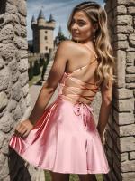 China Sexy Spaghetti Straps V-neck A-line Backless Short Mini Satin Pink Graduation Dress for sale