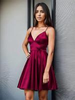 China Fashionable Sexy Spaghetti Straps V-neck A-line Backless Short Mini Satin Burgundy Graduation Dress for sale