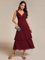 China Beautiful Multi-layered Hem V-neck Sleeveless A-line Burgundy Chiffon Wedding Guest Dress Cocktail Dresses for sale