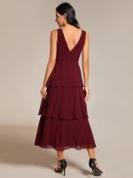 China Beautiful Multi-layered Hem V-neck Sleeveless A-line Burgundy Chiffon Wedding Guest Dress Cocktail Dresses for sale