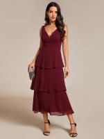 China Beautiful Multi-layered Hem V-neck Sleeveless A-line Burgundy Chiffon Wedding Guest Dress Cocktail Dresses for sale