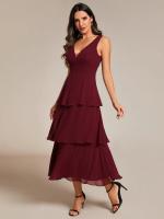 China Beautiful Multi-layered Hem V-neck Sleeveless A-line Burgundy Chiffon Wedding Guest Dress Cocktail Dresses for sale