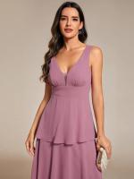China Multi-layered Hem V-neck Sleeveless A-line Purple Orchid Chiffon Wedding Guest Dress Graduation Dresses for sale