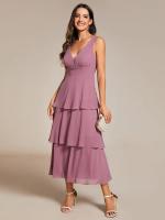 China Multi-layered Hem V-neck Sleeveless A-line Purple Orchid Chiffon Wedding Guest Dress Graduation Dresses for sale