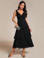 China Multi-layered Hem V-neck Sleeveless A-line Black Chiffon Wedding Guest Dress Cocktail Dresses for sale