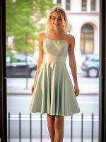China Spaghetti Strap A-line Backless Short Mini Sage Green Satin Cocktail Dress for sale