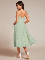China V-neck Empire Midi Mint Green Chiffon Stacked Pleating Backless Wedding Guest Dress Cocktail Dresses for sale