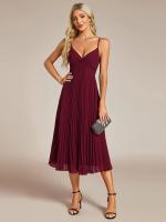China V-neck Empire Midi Burgundy Chiffon Stacked Pleating Backless Wedding Guest Dress Cocktail Dresses for sale