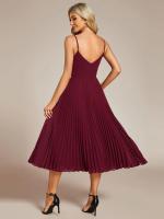 China V-neck Empire Midi Burgundy Chiffon Stacked Pleating Backless Wedding Guest Dress Cocktail Dresses for sale