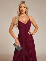 China V-neck Empire Midi Burgundy Chiffon Stacked Pleating Backless Wedding Guest Dress Cocktail Dresses for sale