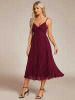 China V-neck Empire Midi Burgundy Chiffon Stacked Pleating Backless Wedding Guest Dress Cocktail Dresses for sale