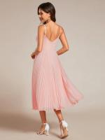 China V-neck Empire Midi Pink Chiffon Stacked Pleating Backless Wedding Guest Dress Graduation Dresses for sale