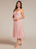 China V-neck Empire Midi Pink Chiffon Stacked Pleating Backless Wedding Guest Dress Graduation Dresses for sale