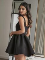 China Mini Chic Square Neck Open Back A-line Ruffle Short Black Satin Homecoming Dress for sale