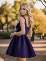 China Mini Chic Square Neck Open Back A-line Ruffle Short Dark Purple Satin Homecoming Dress for sale